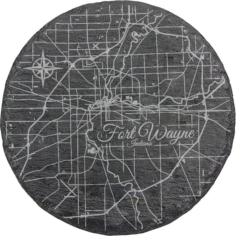 Fort Wayne, Indiana Round Slate Coaster – Fire & Pine